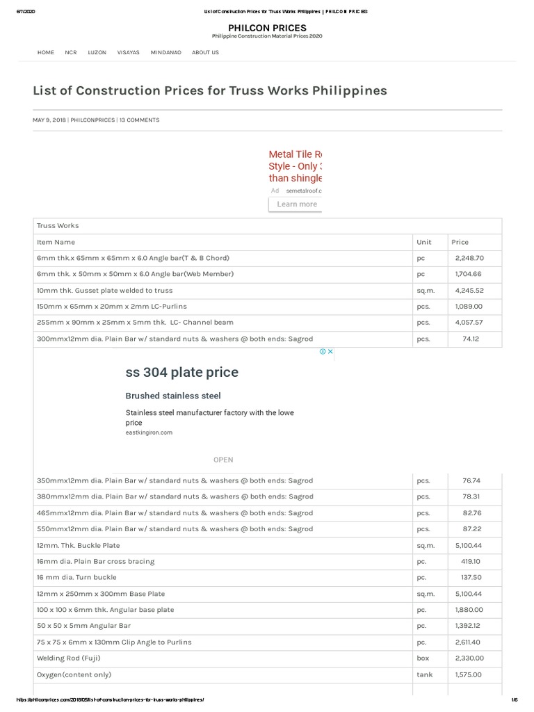 List of Construction Prices For Truss Works Philippines - PHILCON ...
