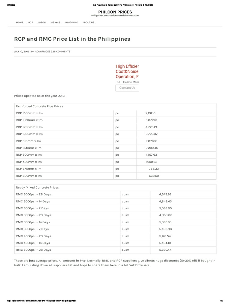 RCP and RMC Price List in The Philippines - PHILCON PRICES | Download ...