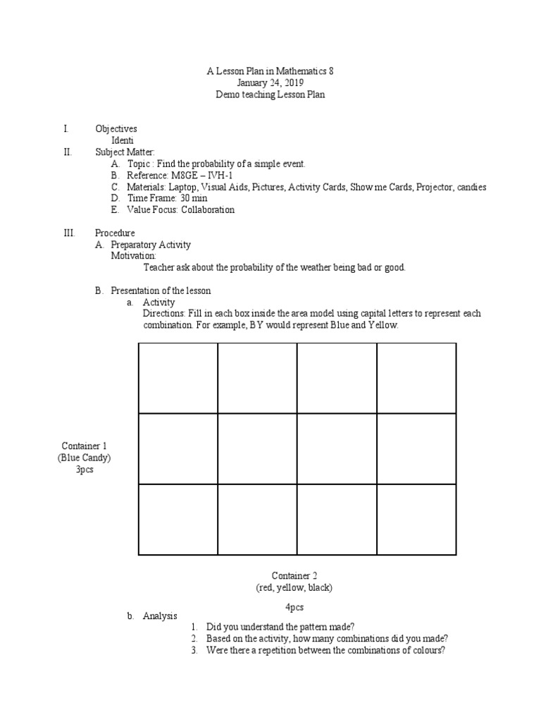 Probability Lesson Plan Grade 8 | PDF | Probability | Probability And ...