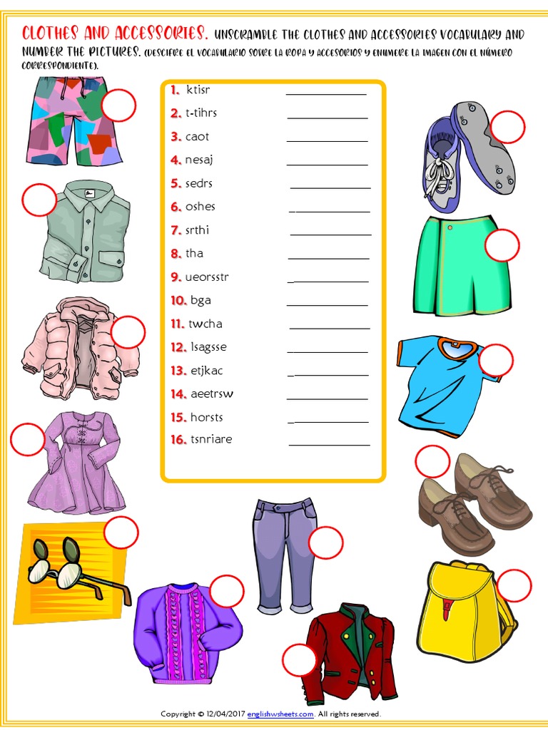 Unscramble The Clothes and Accessories Vocabulary and Number The ...