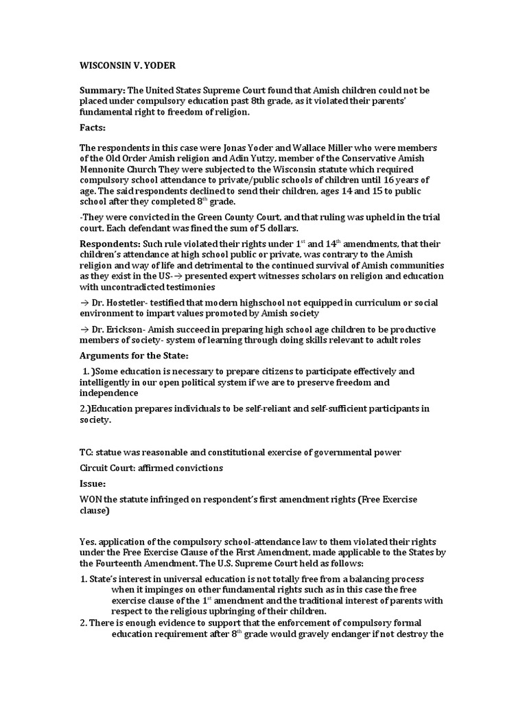 Wisconsin v. Yoder: Free Exercise Clause | PDF | First Amendment To The ...