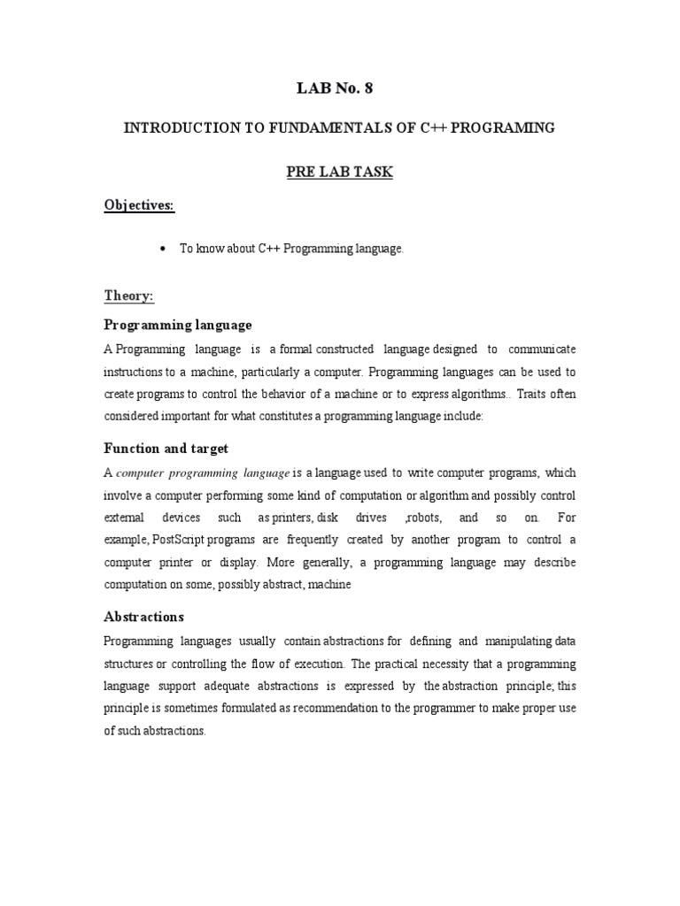Lab N O. 8: Introduction To Fundamentals of C++ Programing Pre Lab Task ...