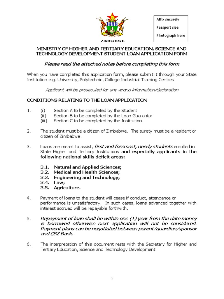 Zimbabwe Student Loan Application Form | PDF | Student Loan | Loans