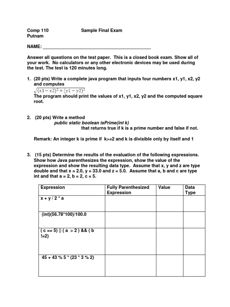 Sample Final Exam | PDF | Boolean Data Type | Class (Computer Programming)