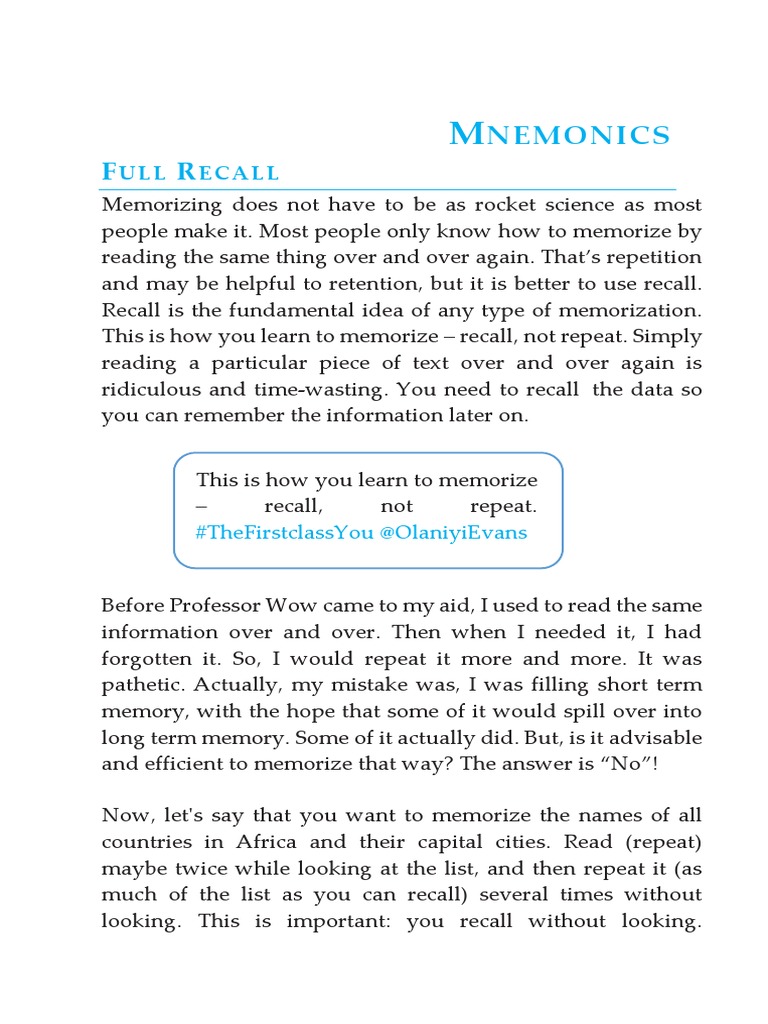 Mnemonics Recall | PDF | Mnemonic | Memory