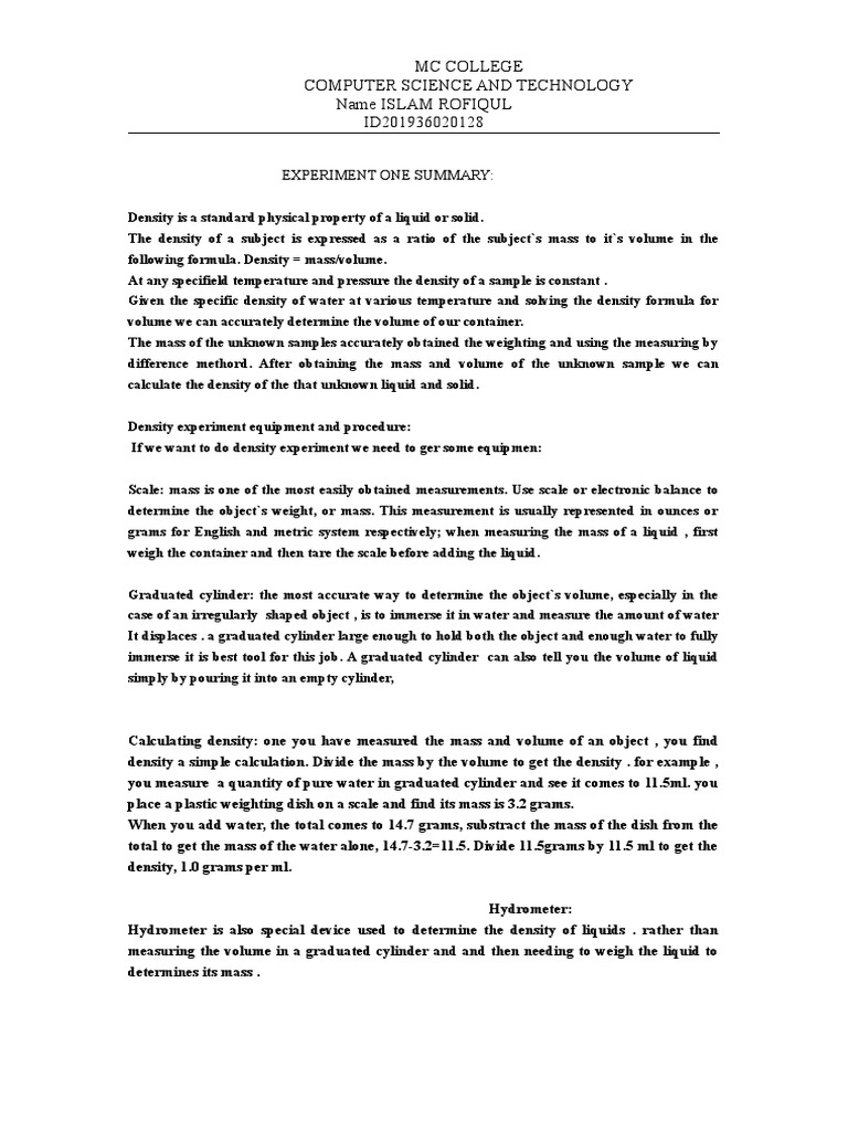 EXPERIMENT ONE SUMMARY Assiment 1-201936020128 | PDF | Density | Volume
