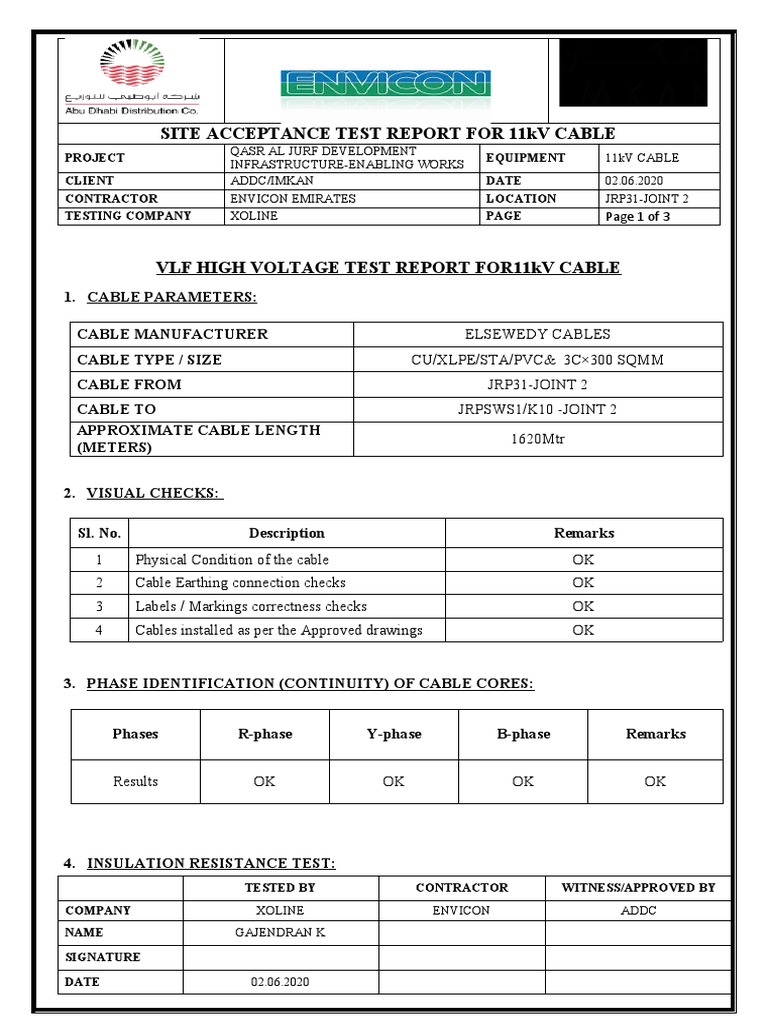 Site Acceptance Test Report For 11Kv Cable: Project Equipment Client ...