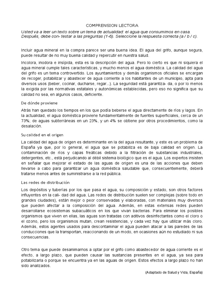 Calidad Del Agua COMPRENSION LECTORA | PDF | Agua potable | Agua