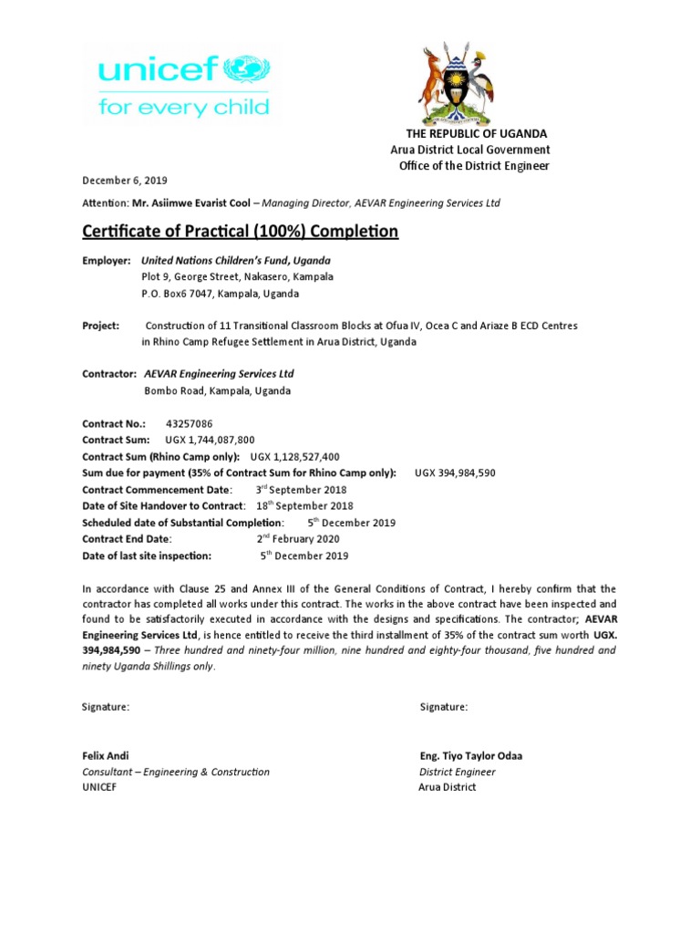 Certificate of 100 Percent Completion | PDF