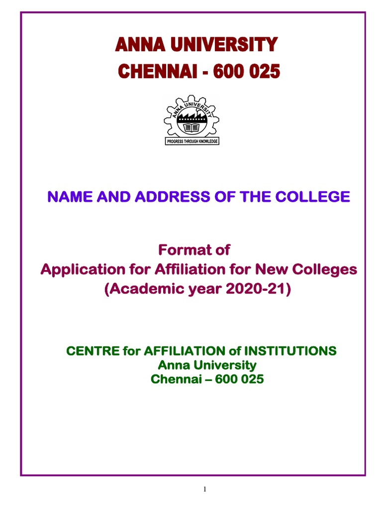 Name and Address of The College: Format of Application For Affiliation ...