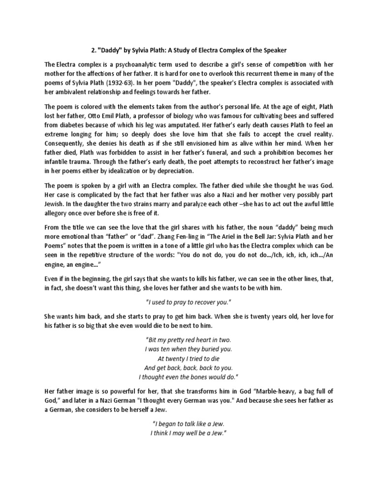 "Daddy" by Sylvia Plath: A Study of Electra Complex of The Speaker | PDF