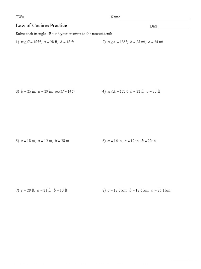 Law of Cosines Practice | PDF | Combinatorics | Elementary Mathematics