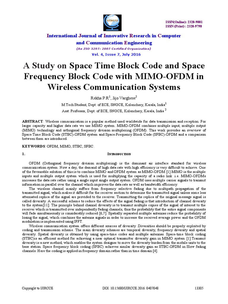 Space Time Block Code and Space Frequency Block Code With MIMO-OFDM in Wireless Communication ...