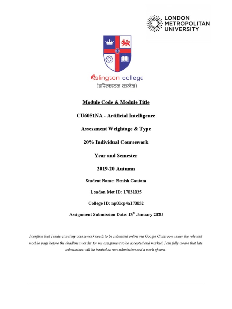 Module Code & Module Title CU6051NA - Artificial Intelligence Assessment Weightage & Type 20% ...
