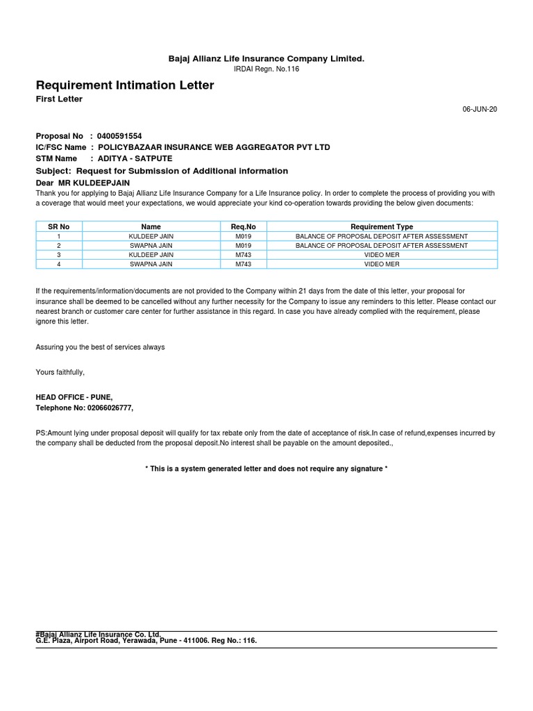 Requirement Intimation Letter: Bajaj Allianz Life Insurance Company ...