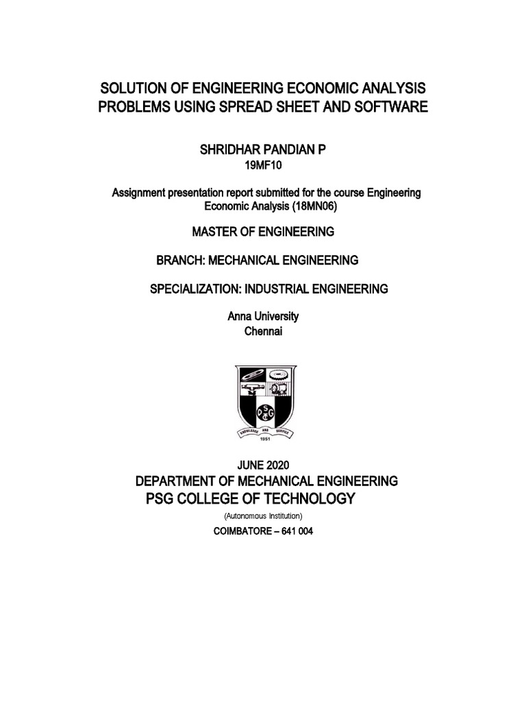 Solution of Engineering Economic Analysis Problems Using Spread Sheet ...