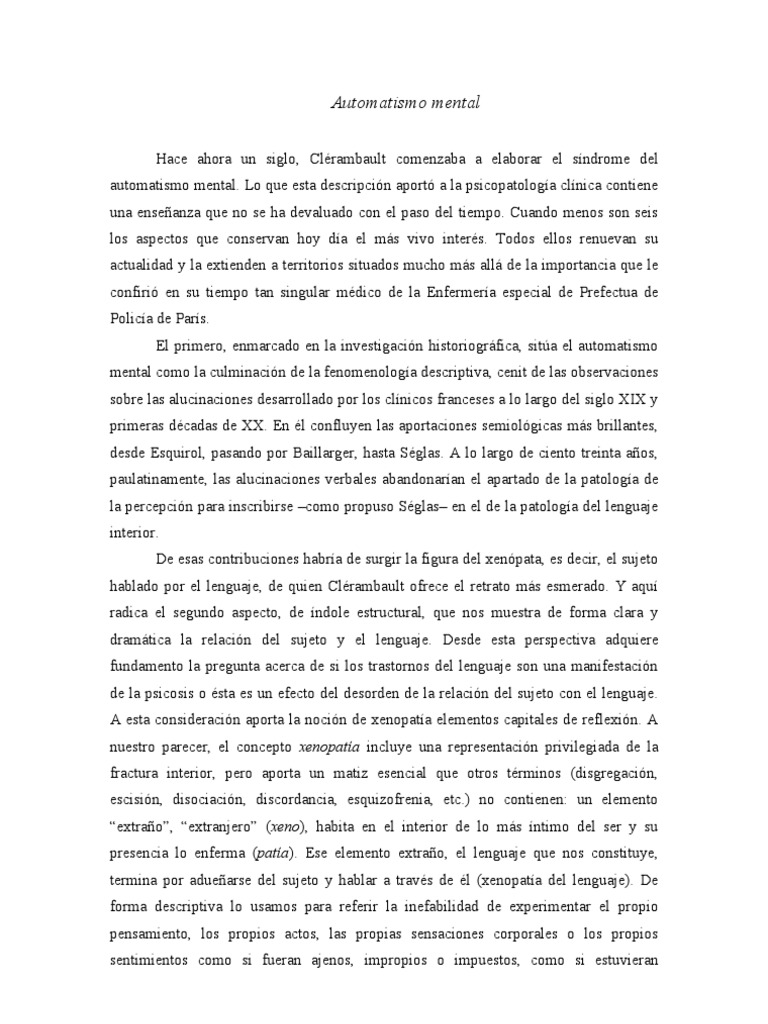 Automatismo Mental y Xenopatía | PDF | Esquizofrenia | Psicosis