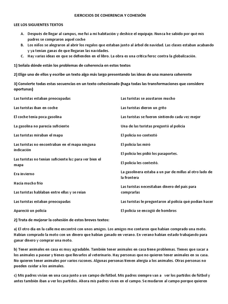EJERCICIOS DE COHERENCIA Y COHESIÓN.docx | PDF
