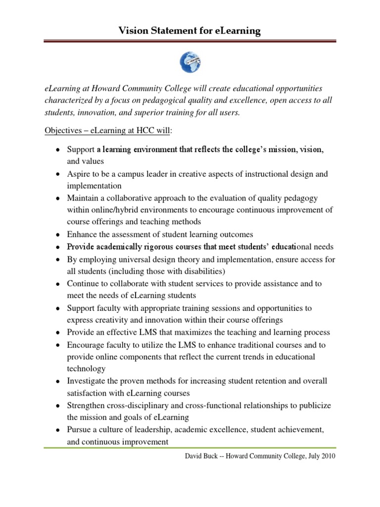 Vision Statement For Elearning: David Buck - Howard Community College ...