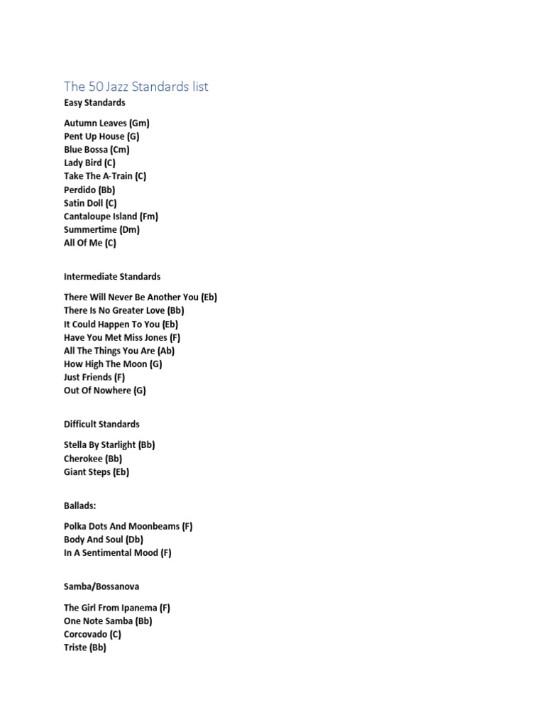 Top 50 Essential Jazz Standards List | PDF | Language Arts & Discipline ...