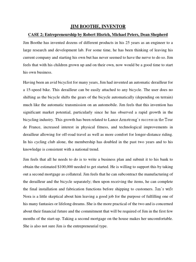 Jim Boothe, Inventor: CASE 2 Entrepreneurship by Robert Hisrich ...