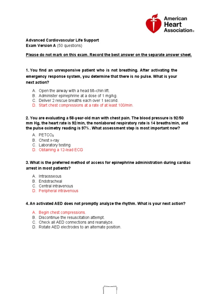 ACLS Exam Version A | PDF | Cardiopulmonary Resuscitation | Cardiac Arrest