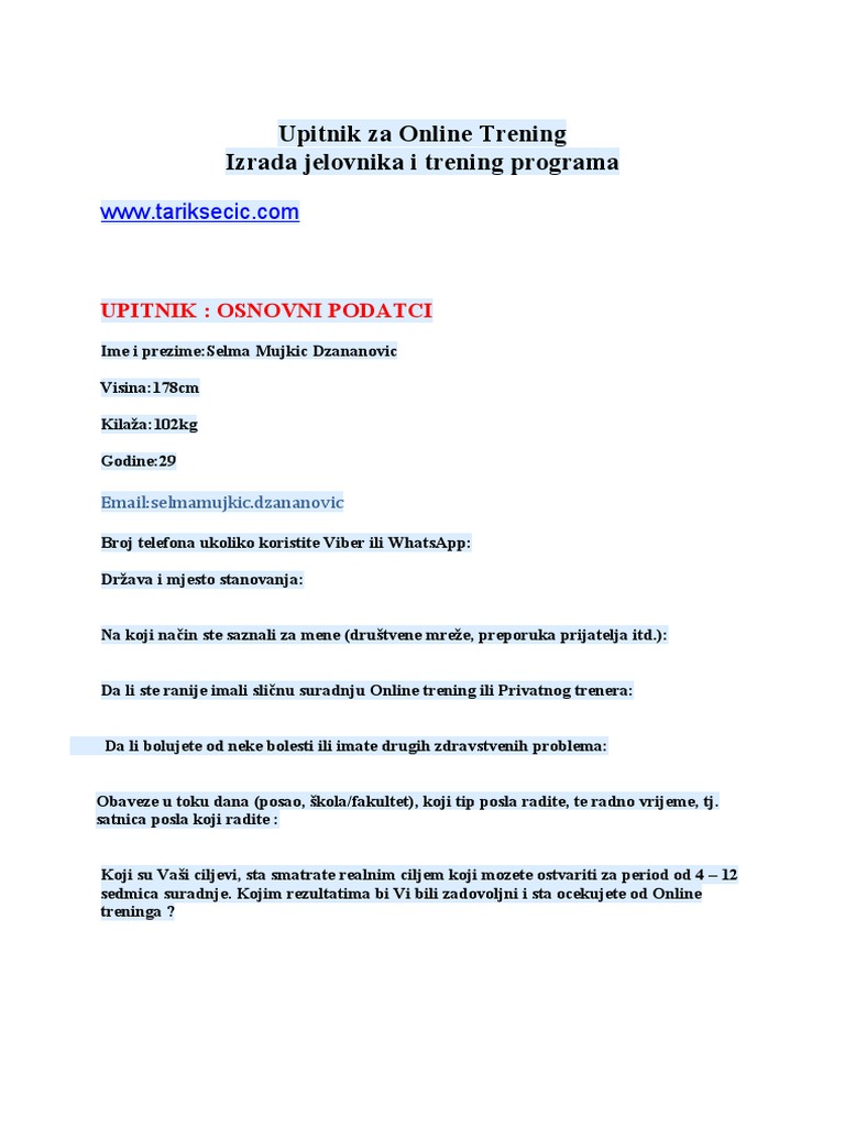 Upitnik - Za Izradu Planova Treninga I Prehrane-11 | PDF