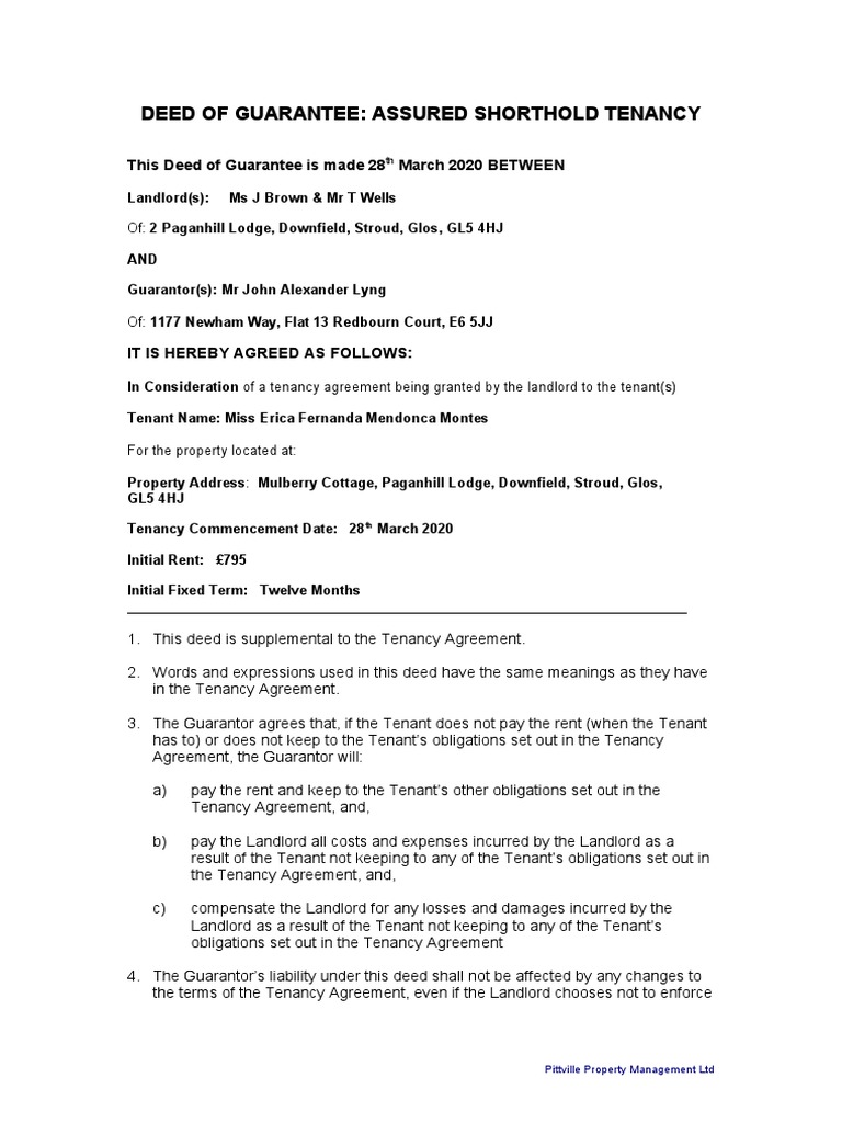 Deed of Guarantee: Assured Shorthold Tenancy | PDF | Leasehold Estate ...