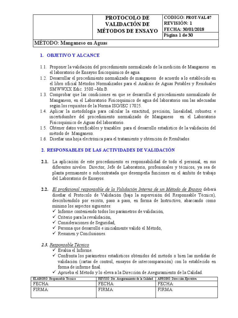 Ejemplo de Protocolo de Validación | PDF | Manganeso | Cloruro