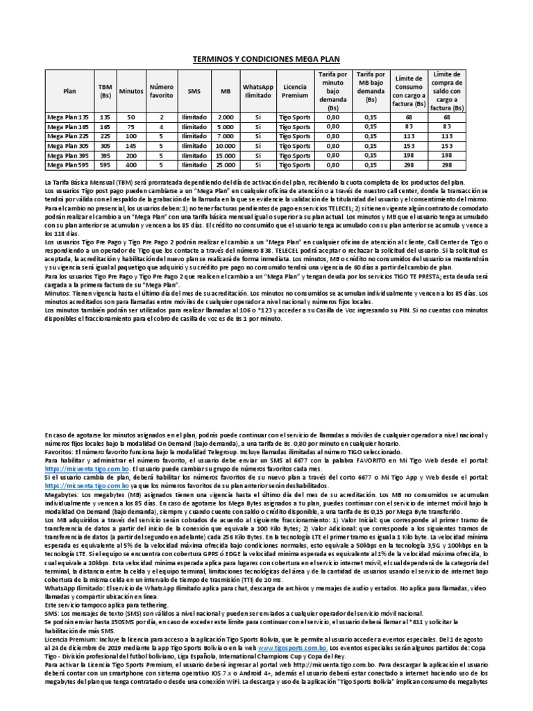 Terminos y Condiciones Mega Plan Tigo Bolivia | PDF | Internet | Telecomunicaciones