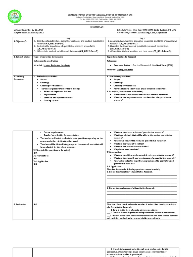 Lesson Plan Week 1 | PDF | Quantitative Research | Qualitative Research