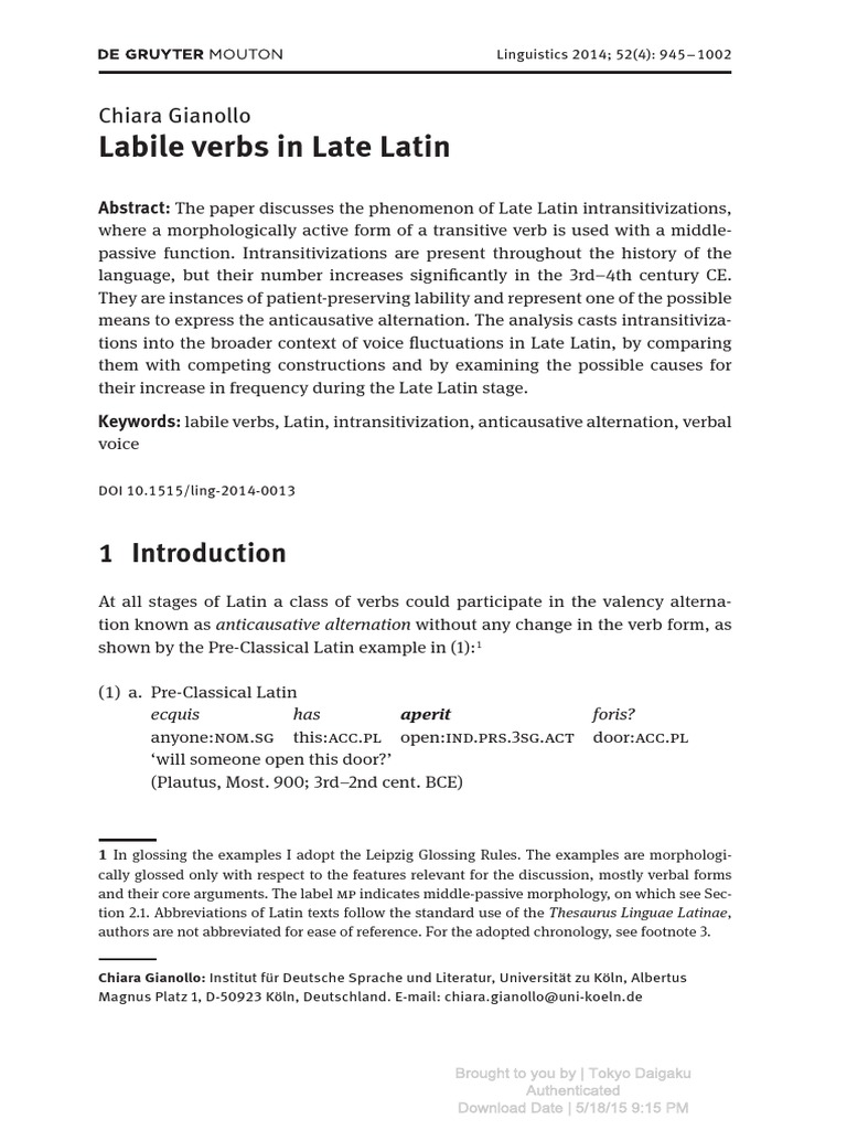 Labile Verbs in Late Latin: 1 Introduction | PDF | Perfect (Grammar ...