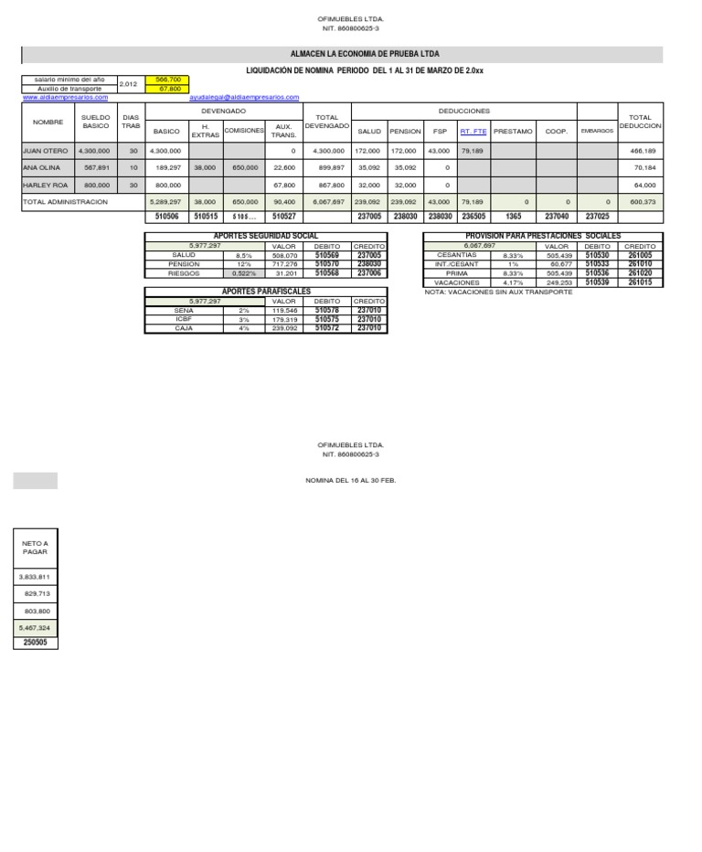 Modelo Nomina en Excel | PDF | Sueldos y salarios | Compensación laboral