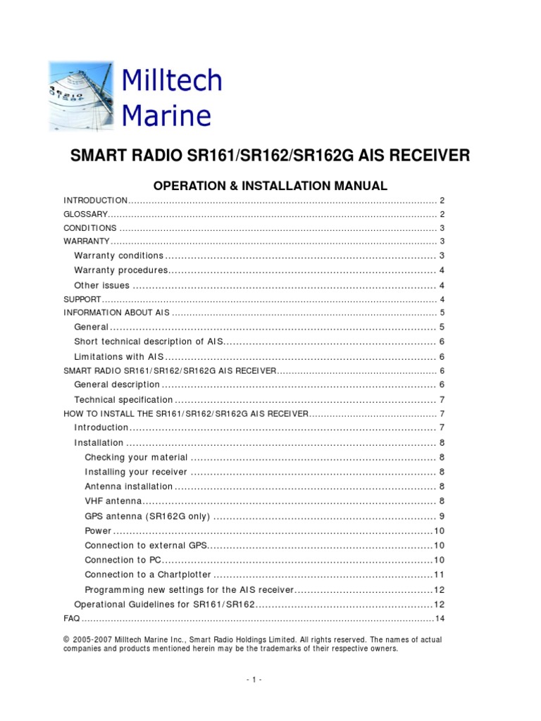 Smart Radio Sr161/Sr162/Sr162G Ais Receiver: Operation & Installation ...