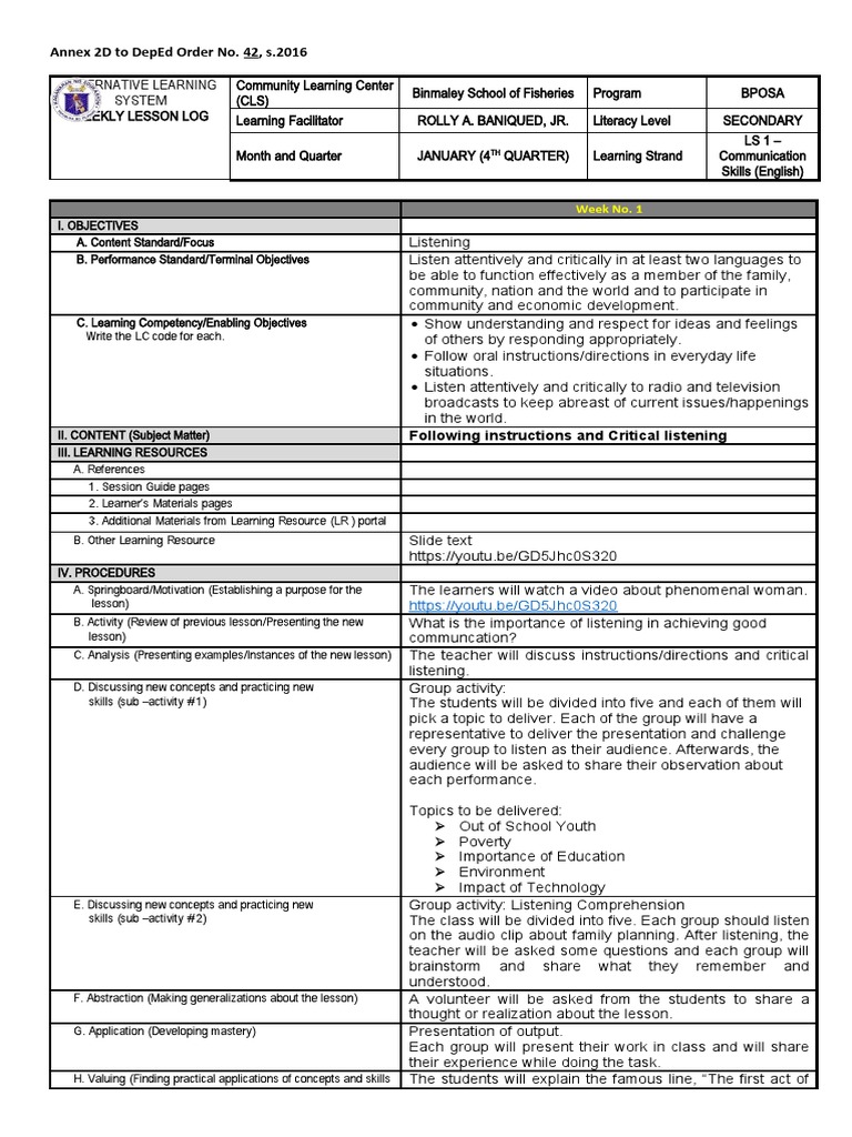 WLL ALS LS1 Q4 Week 1-3listening & Speaking | PDF | Literacy | Conversation