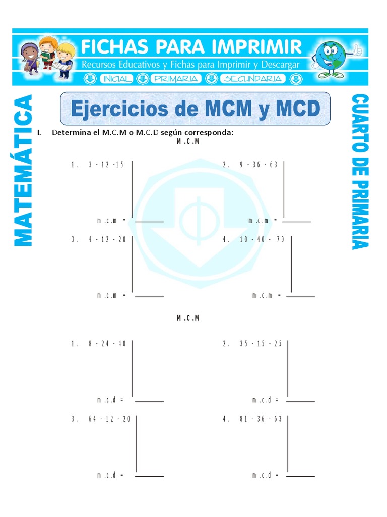 Ficha Ejercicios de MCM y MCD para Cuarto de Primaria | PDF