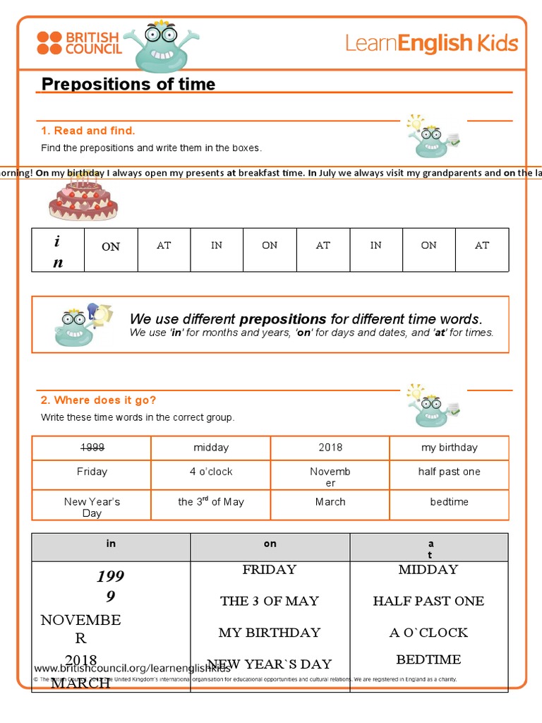 Grammar Games Prepositions of Time Worksheet | PDF