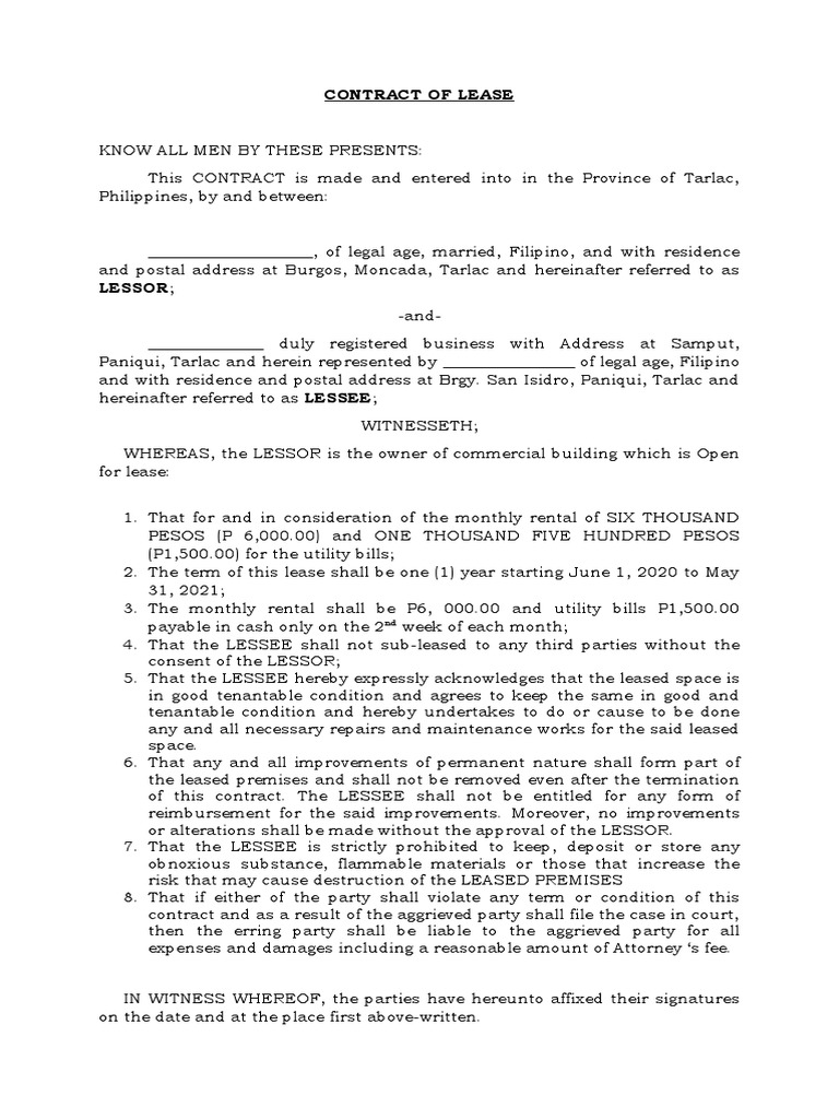 A One-Year Commercial Lease Agreement Between a Lessor and Lessee in ...