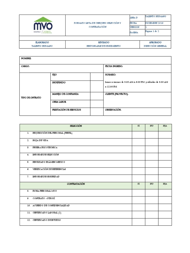 2. Formato Lista de Chequeo Selección y Contratación | Labor | Business