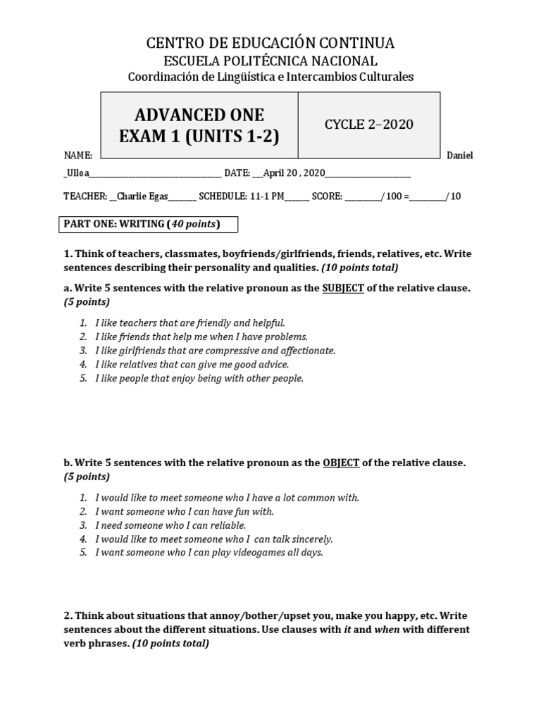 Advanced One EXAM 1 (UNITS 1-2) : Centro de Educacion Continua | PDF ...