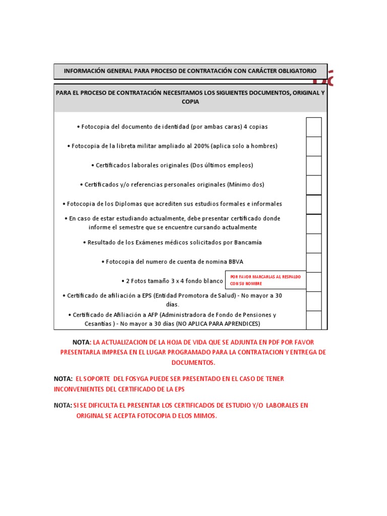 Documentacion Requerida para Contratacion | PDF