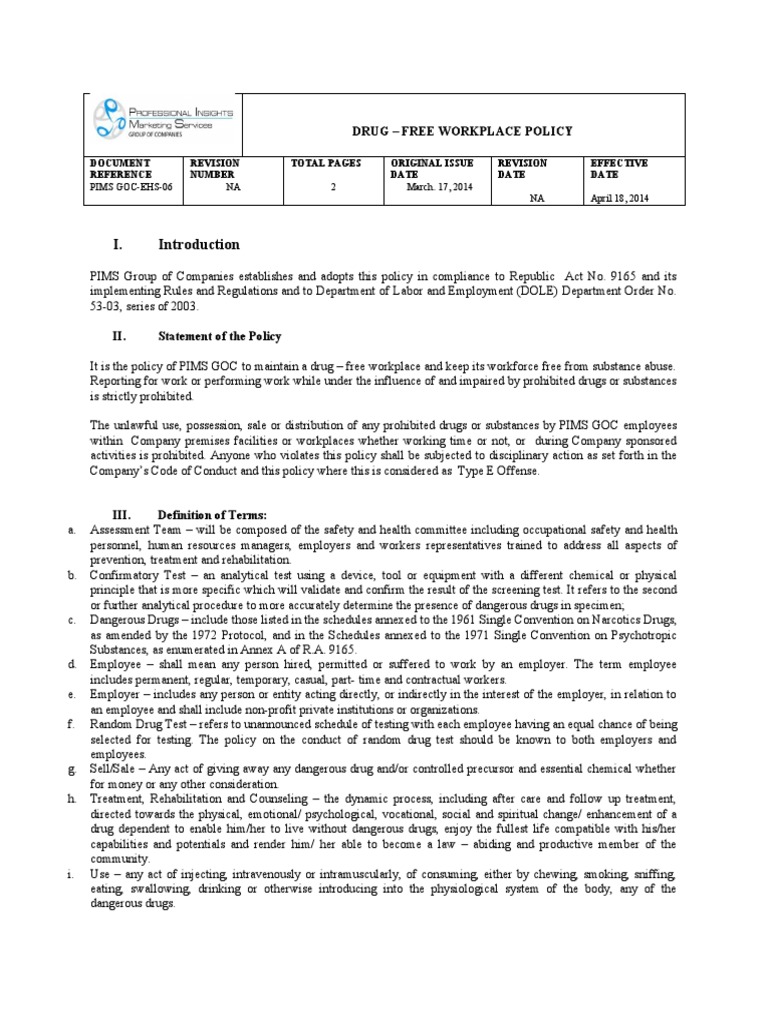 Drug-Free Workplace Policy | PDF | Narcotic | Drug Test