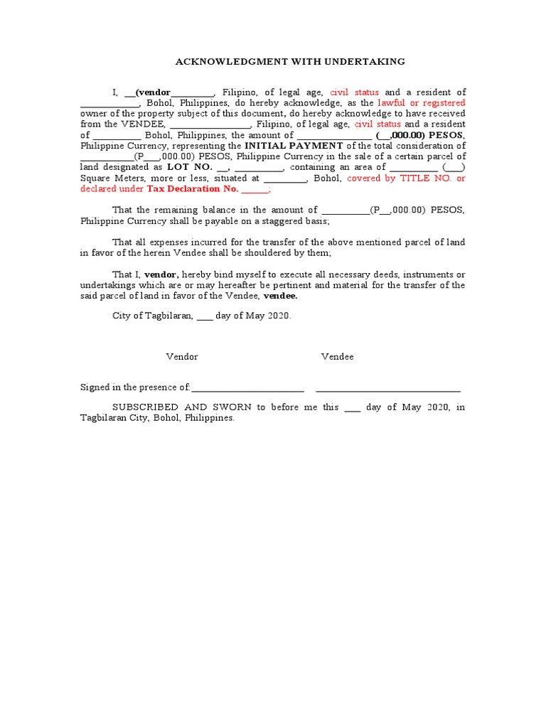 Draft Acknowledgment With Undertaking | PDF