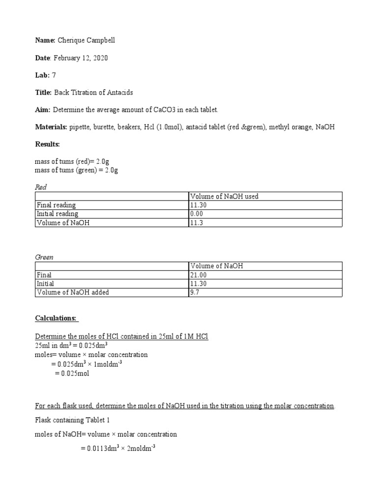 Antacid Lab7 | Download Free PDF | Titration | Chemistry