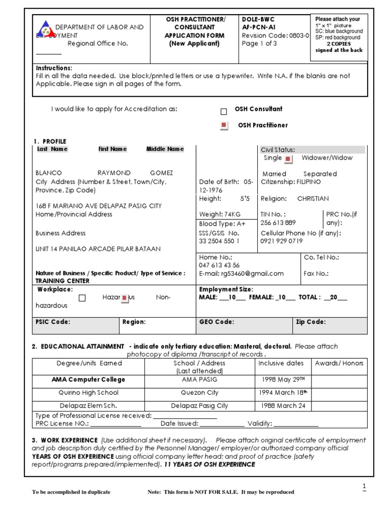 Application for Accreditation as an OSH Practitioner or Consultant ...