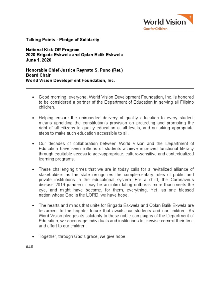 Pledge of Solidarity for Education 2020 | PDF