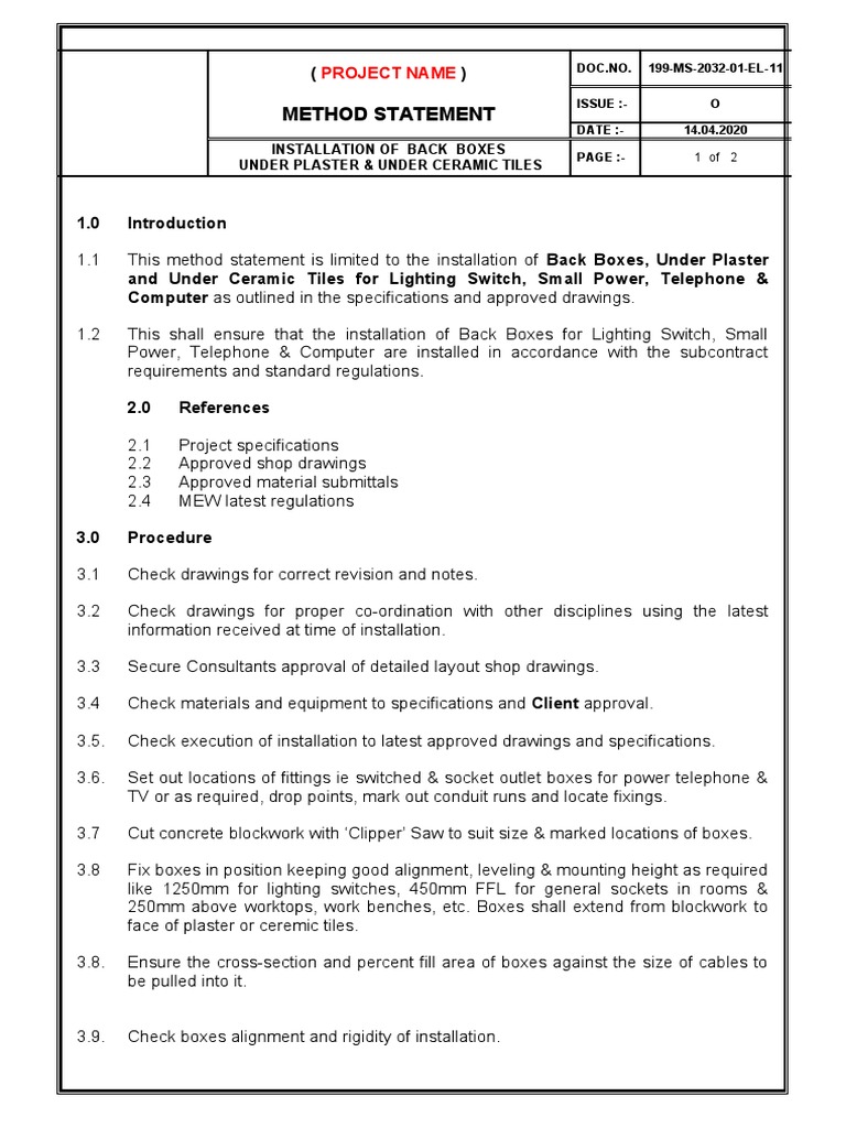 Installation of Back Boxes Method Statement | PDF | Specification ...