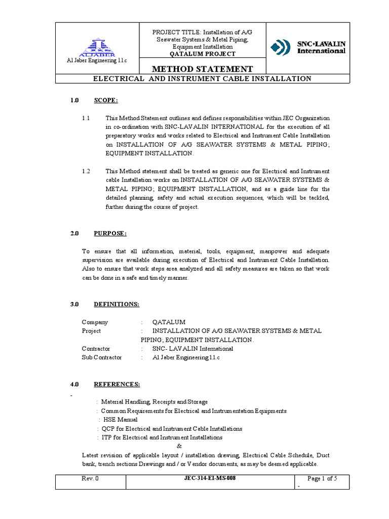 Method Statement: Electrical and Instrument Cable Installation | PDF ...