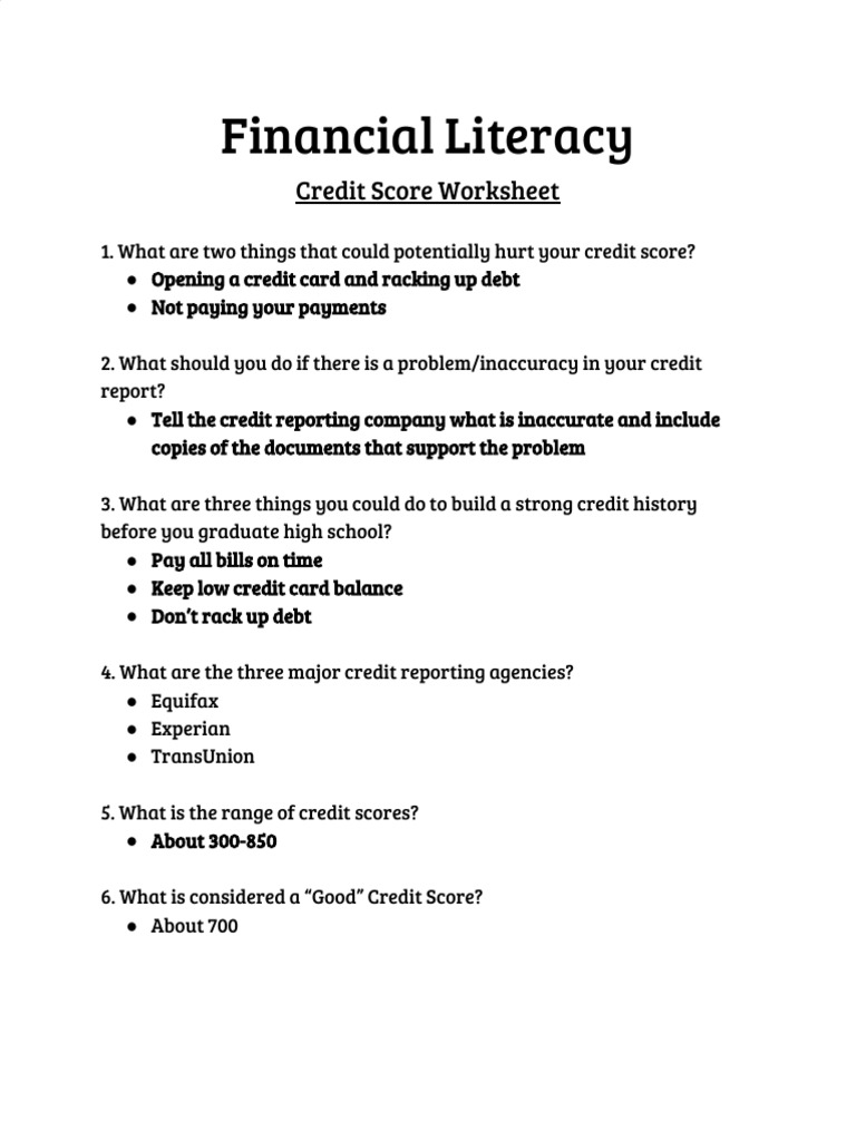 Financial Literacy: Credit Score Worksheet | PDF | Career & Growth