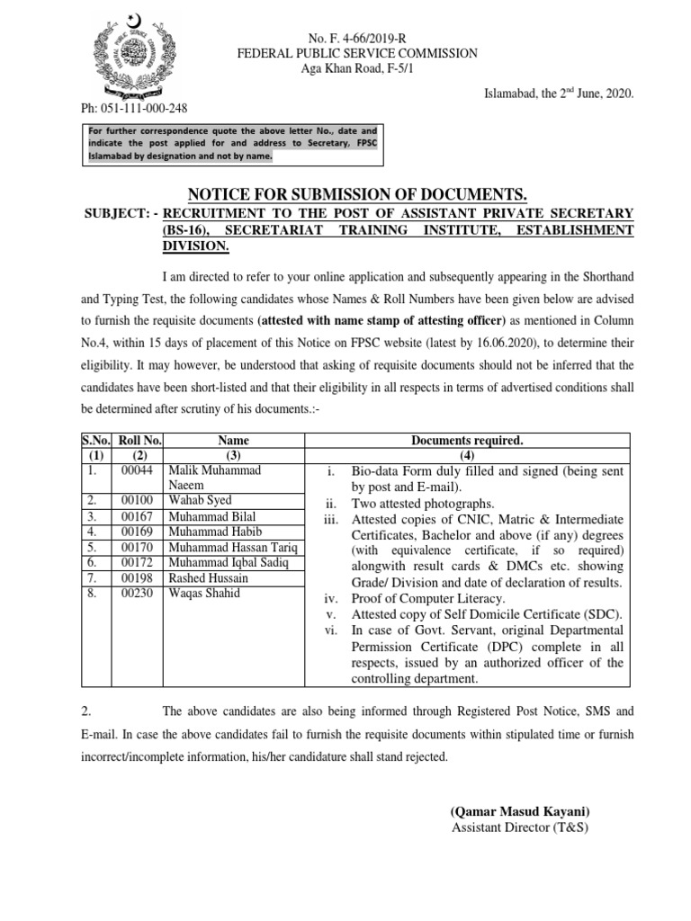 FPSC Document Submission Notice for APS | PDF | Government | Social ...
